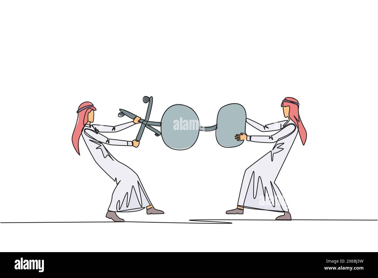 Single continuous line drawing two emotional Arabian businessman ...