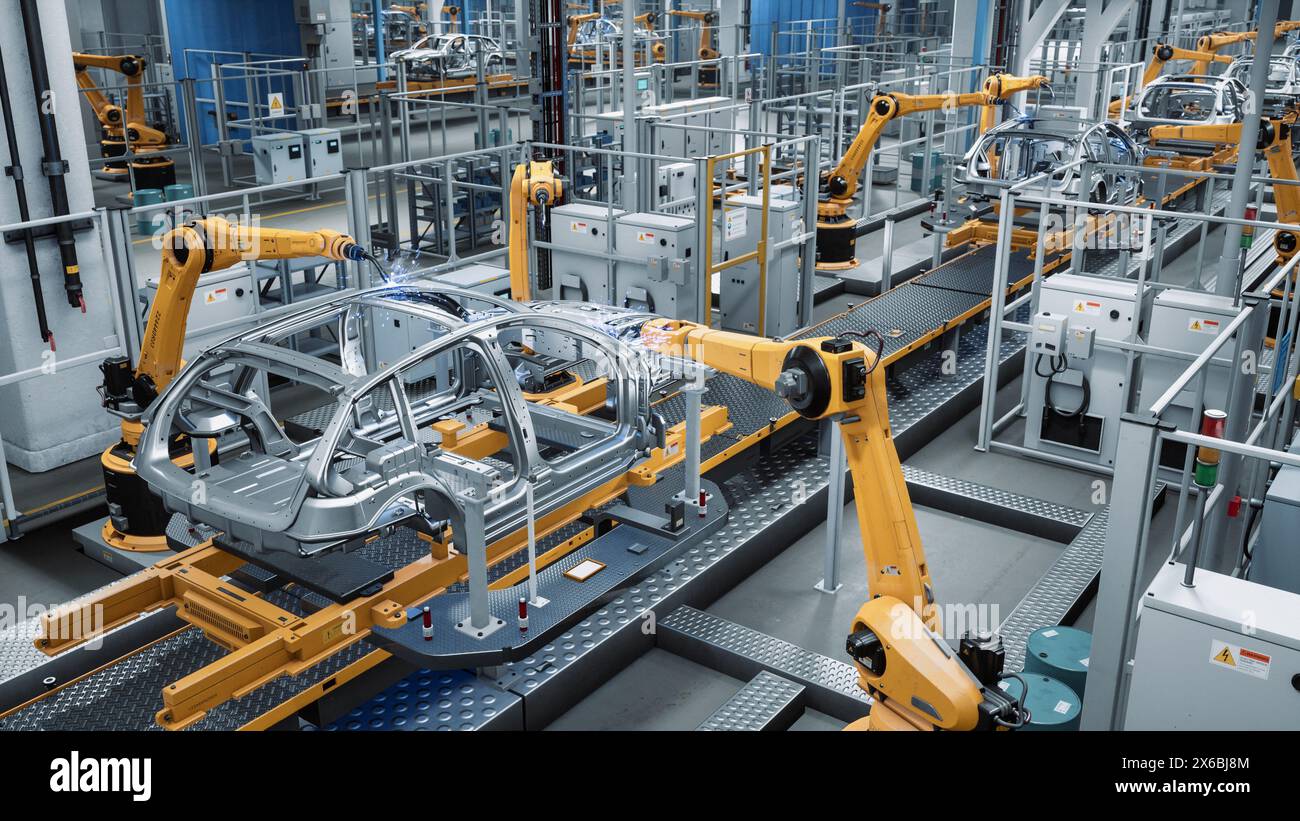 Car Factory 3D Concept: Automated Robot Arm Assembly Line Manufacturing Advanced High-Tech Green ...