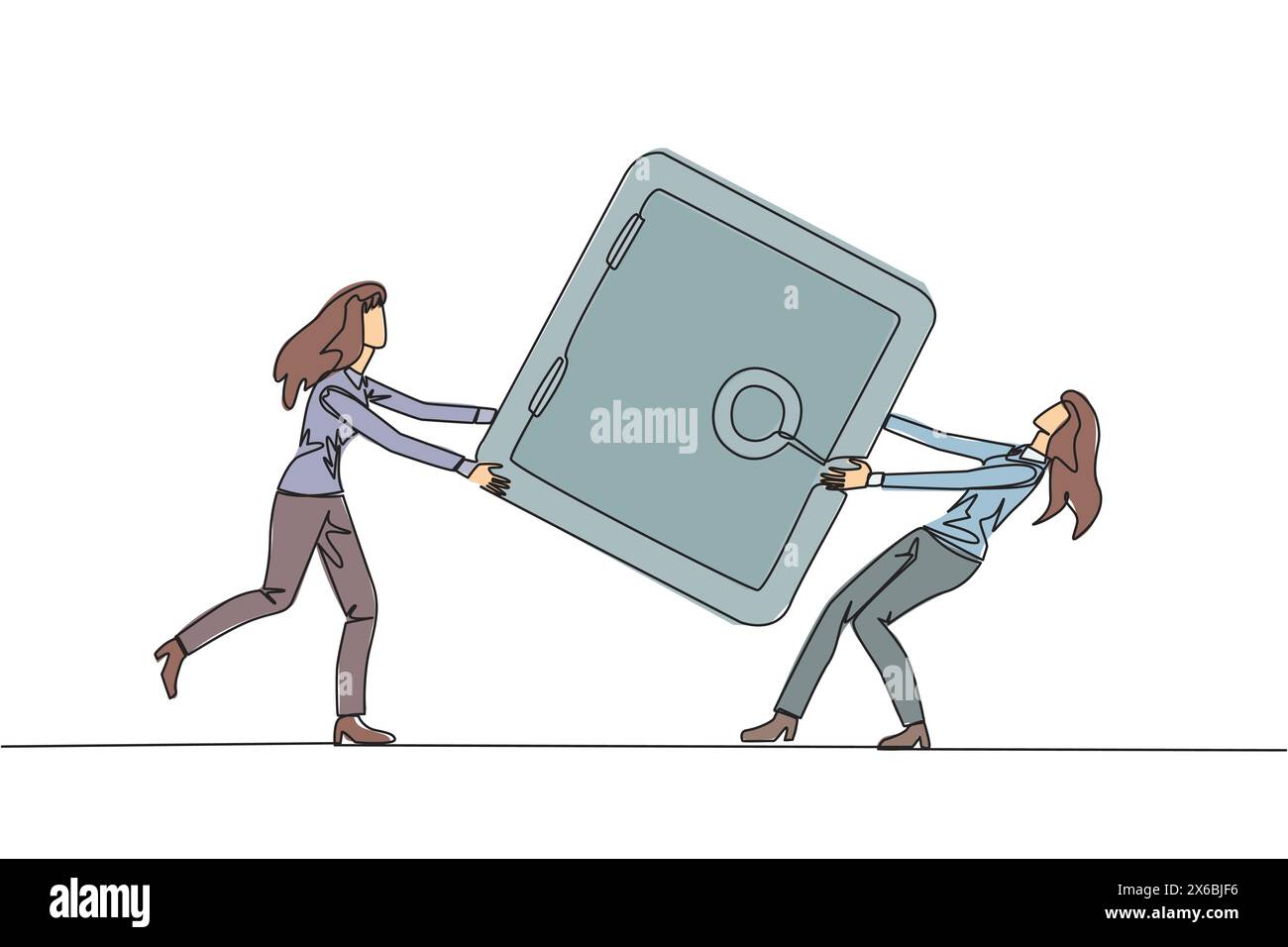Single continuous line drawing two businesswoman fighting over safe ...