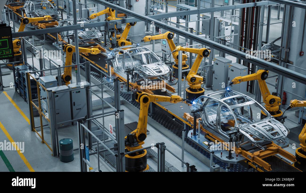Car Factory 3D Concept: Automated Robot Arm Assembly Line Manufacturing High-Tech Green Energy ...