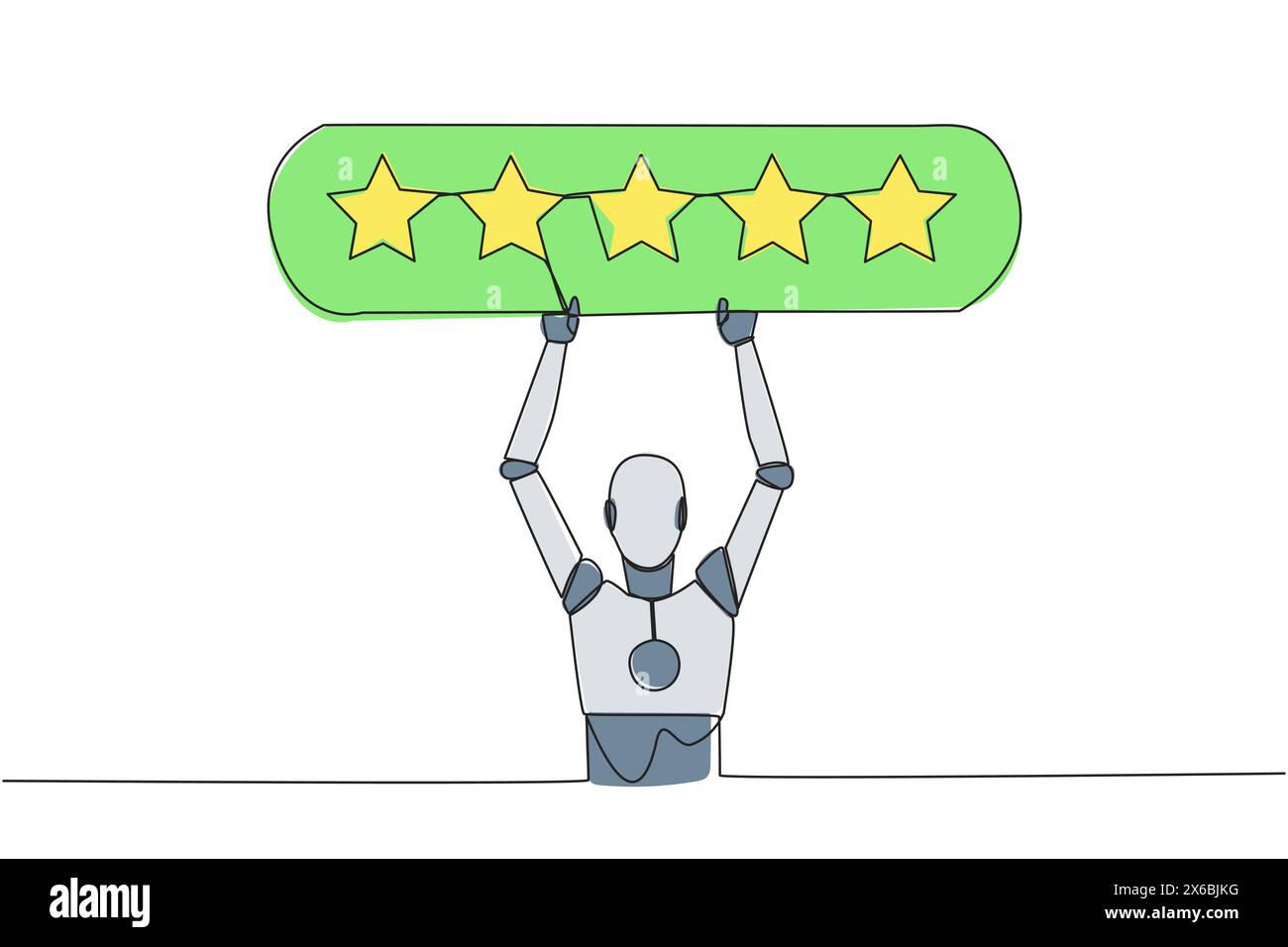 Single one line drawing robot holding rating board which contains 5 ...