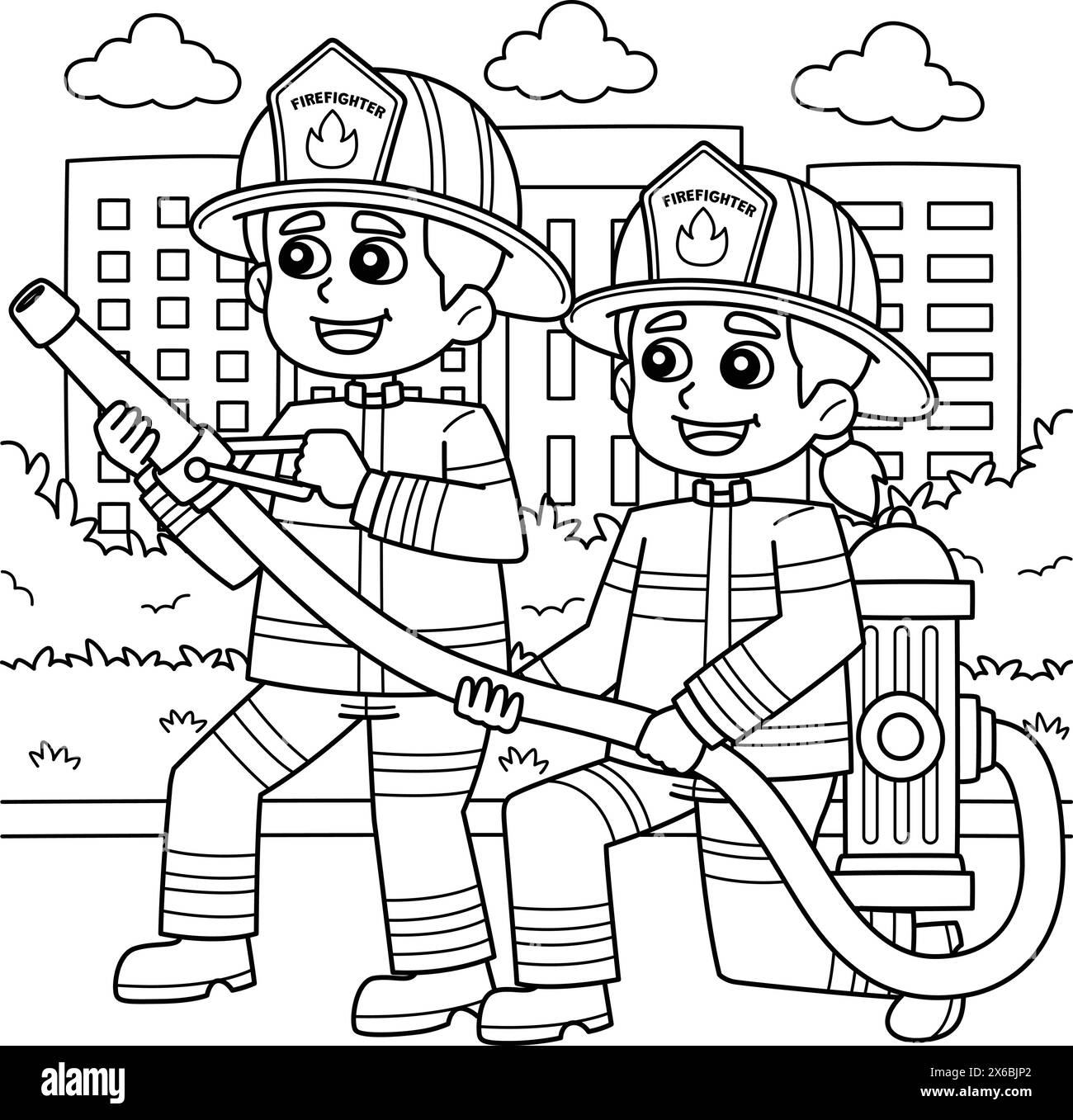 Firefighters with a Fire Hydrant Coloring Page Stock Vector Image & Art ...