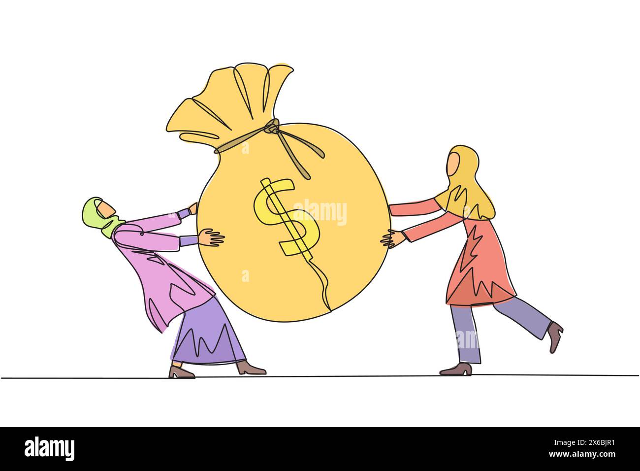 Continuous one line drawing two Arabian businesswoman fighting over ...