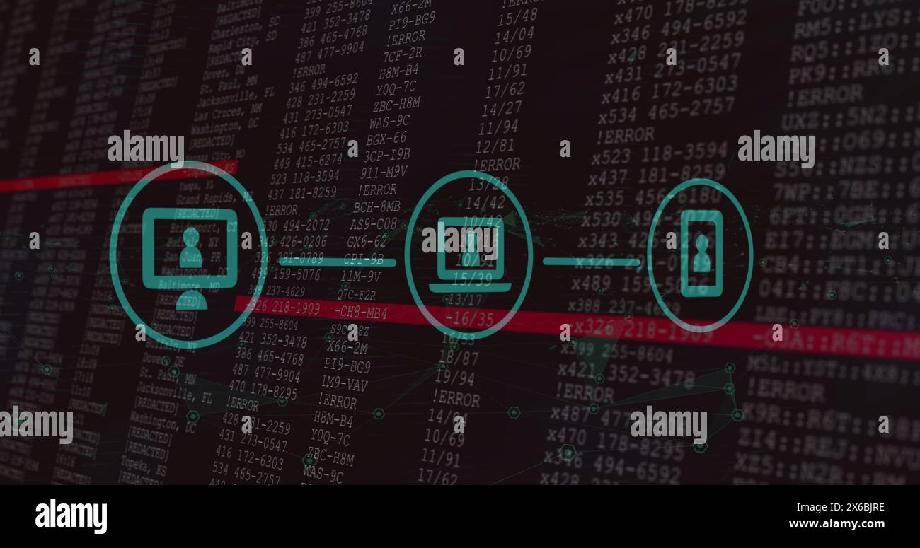Image of falling icons over data processing on dark background Stock ...