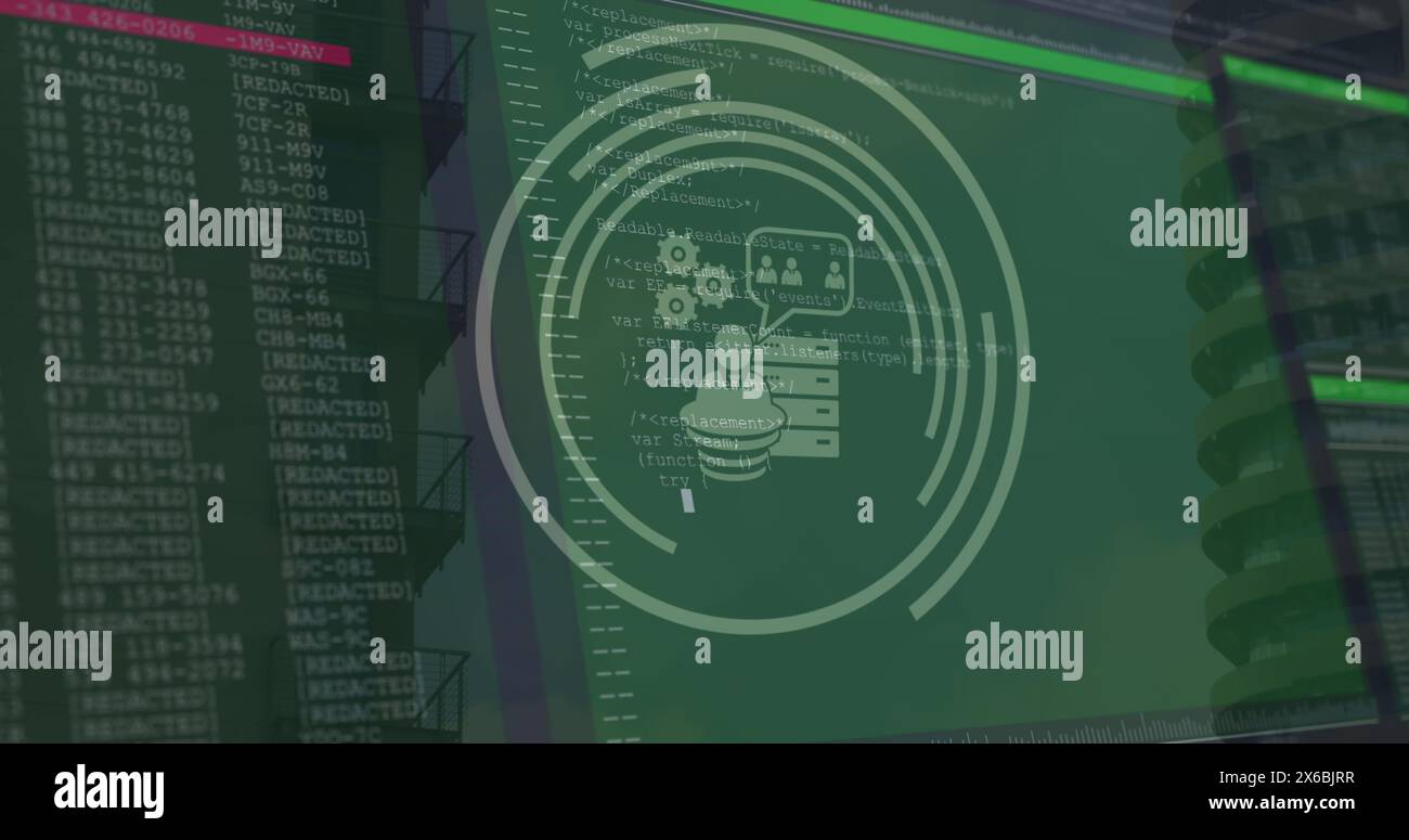 Image of tech icons and data processing on green digital screens Stock ...