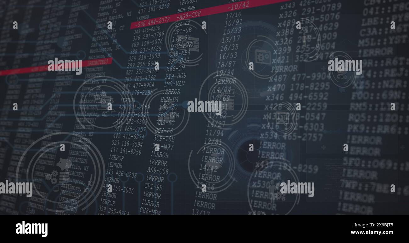 Image of icons and red lines appearing over numbers changing on black background. Computers ...