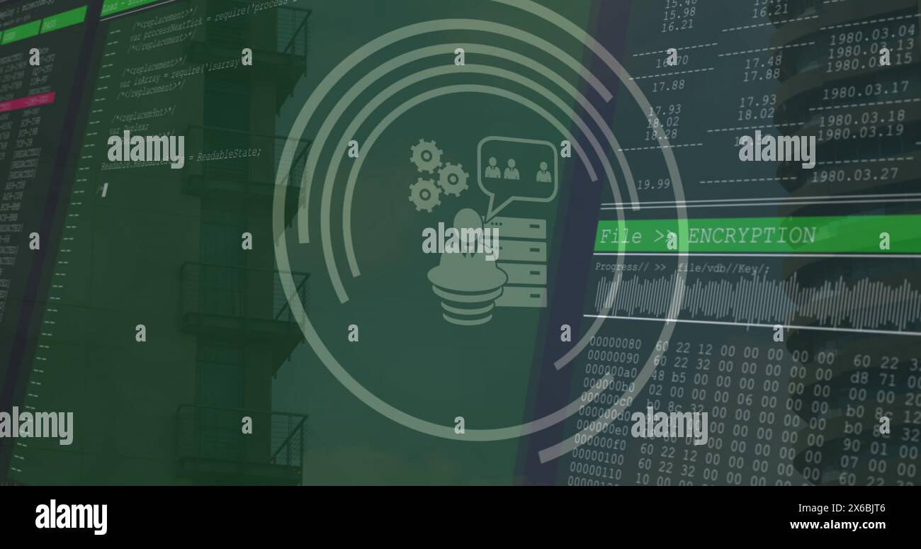 Image of tech icons and data processing on green digital screens Stock ...