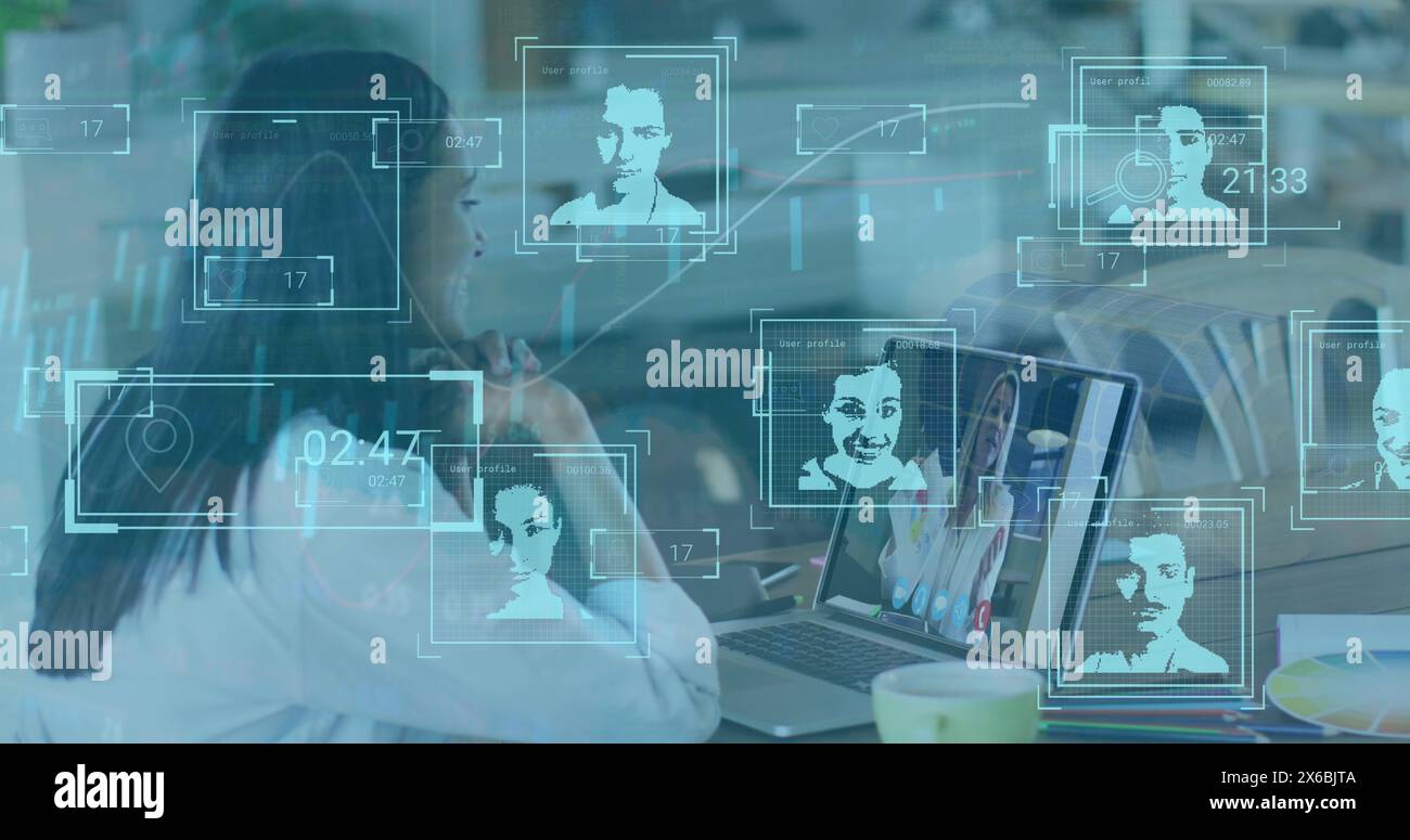 Image of digital interface over biracial women using laptop Stock Photo ...