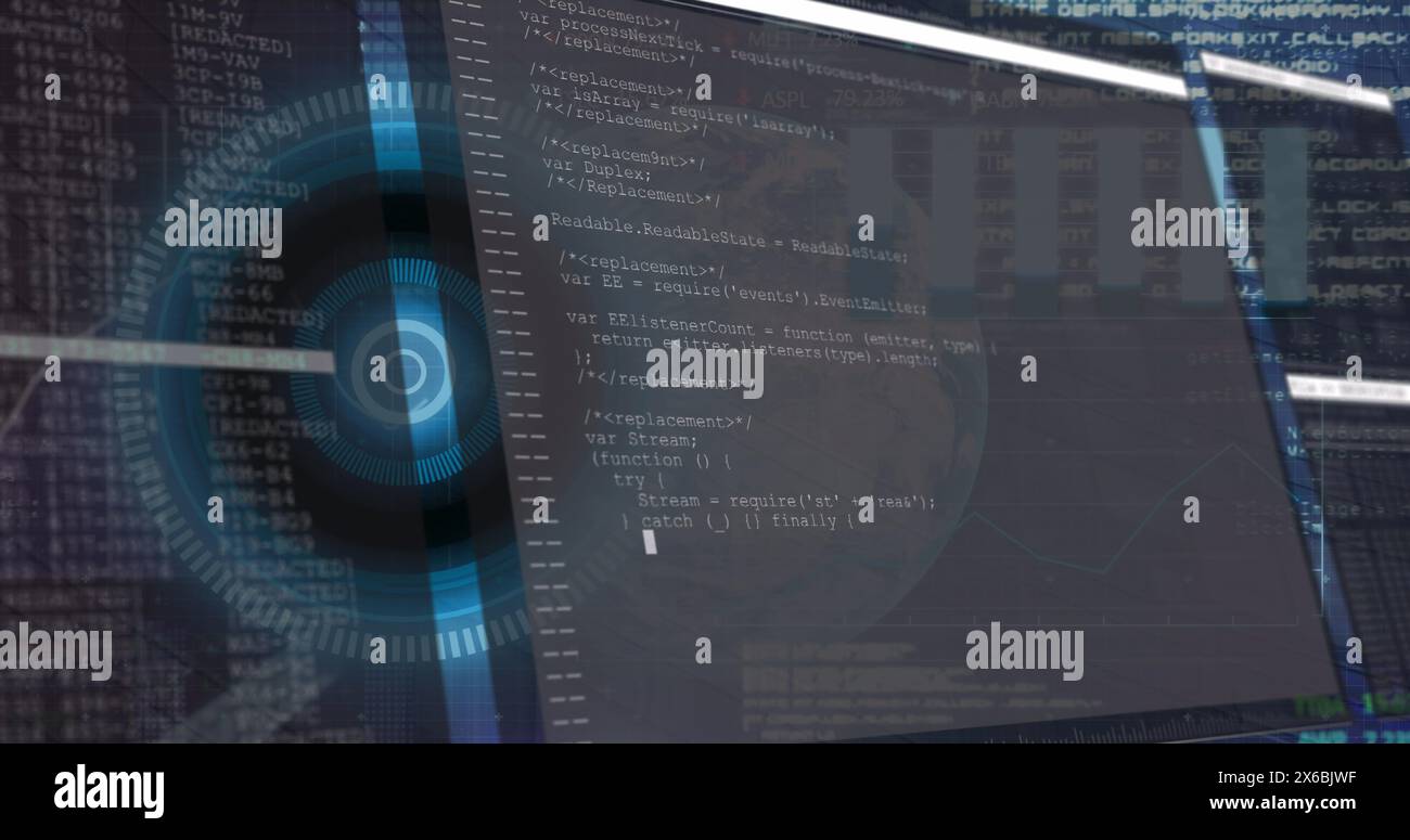 Image of interface with data processing over round scanner and spinning globe on blue background ...