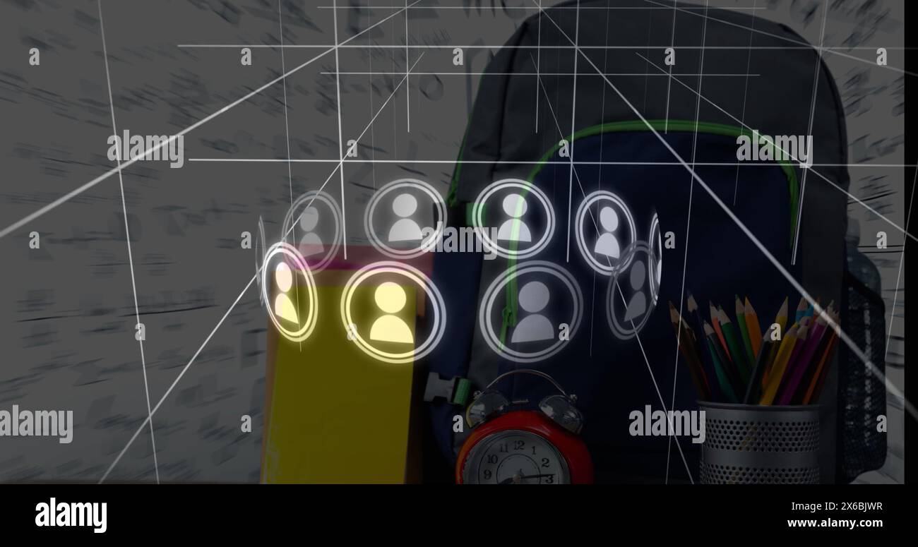 Image of shapes and icons over school bag Stock Photo - Alamy