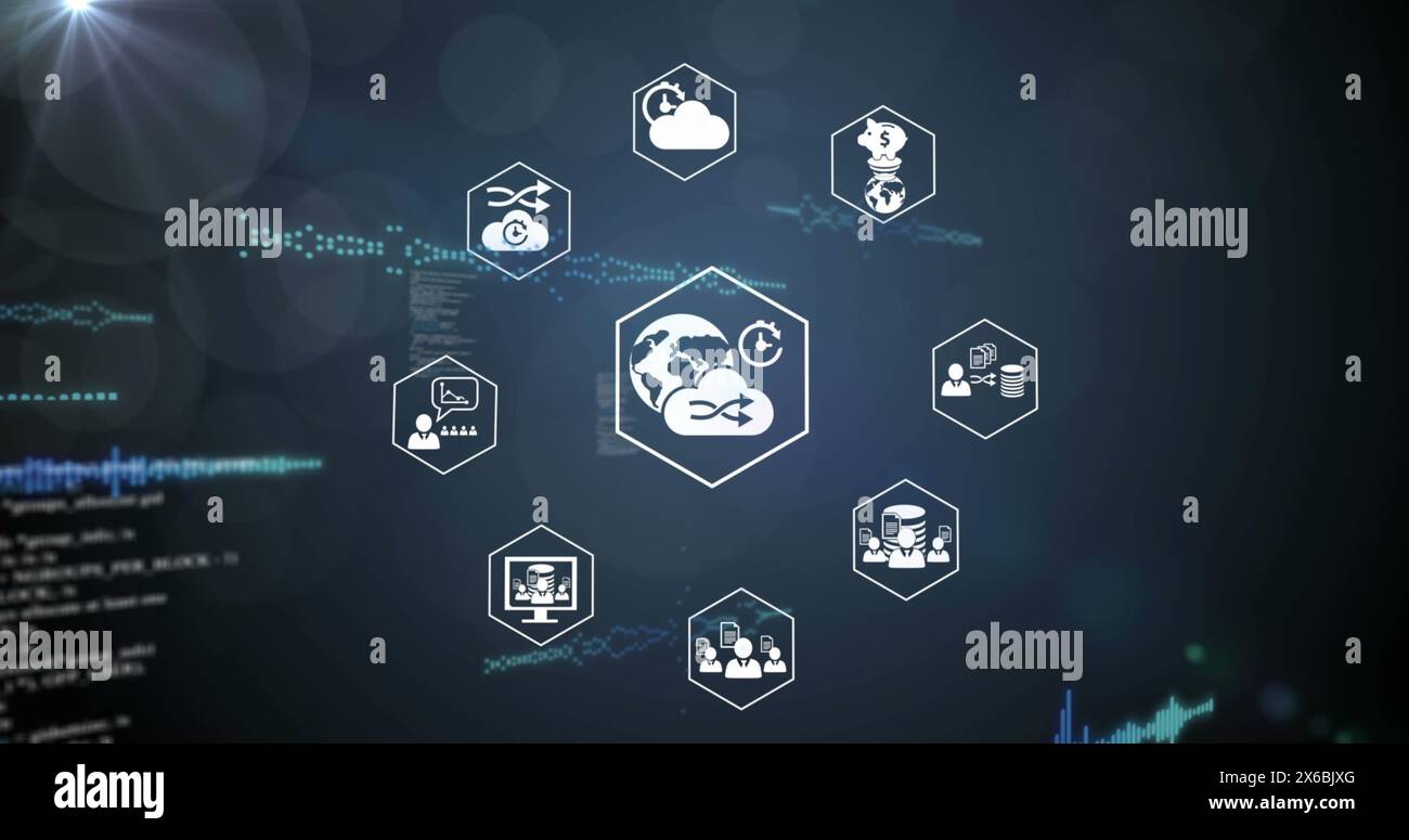 Image of data processing over media icons Stock Photo - Alamy