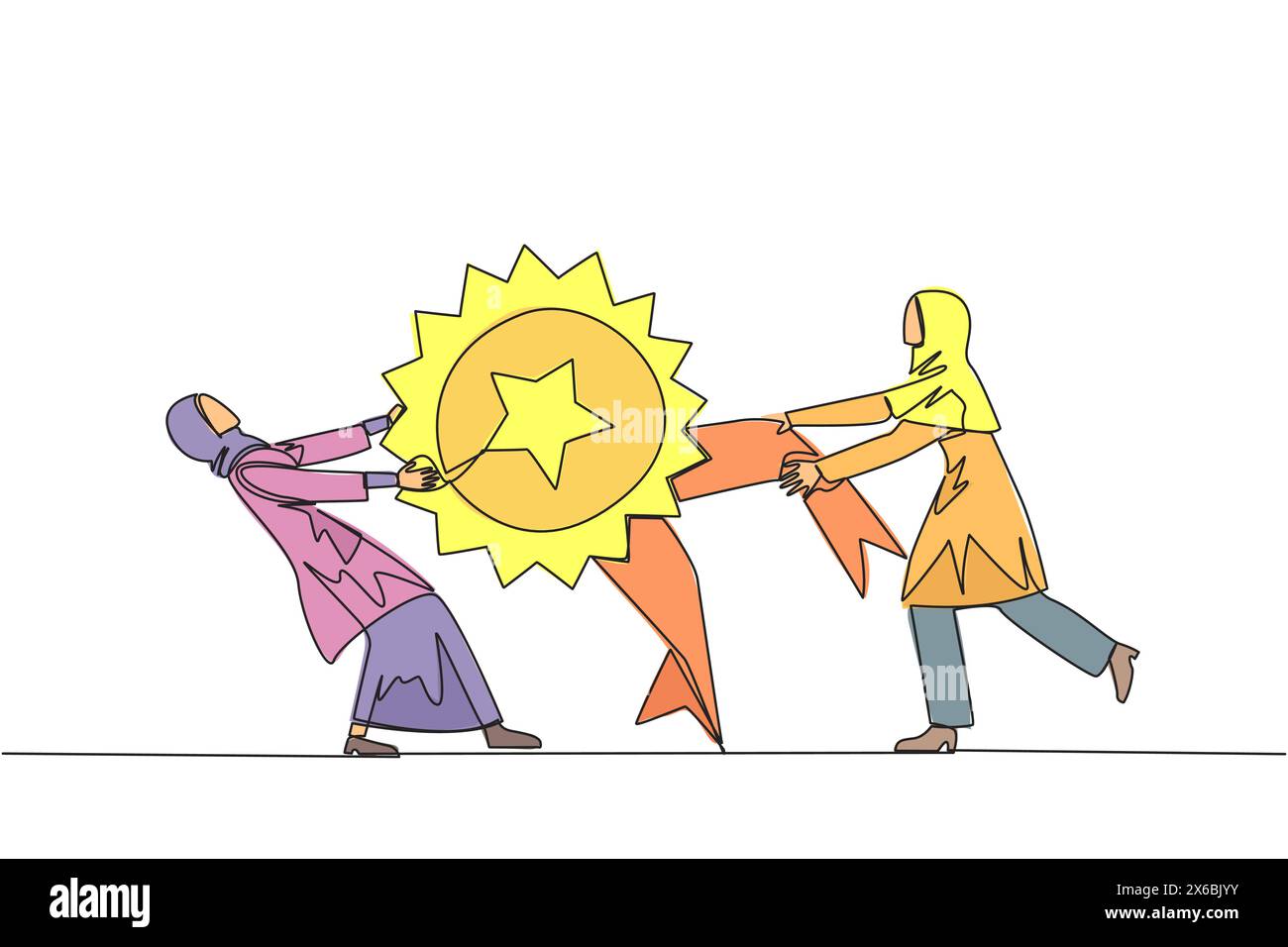 Single continuous line drawing two Arabian businesswoman fighting over ...