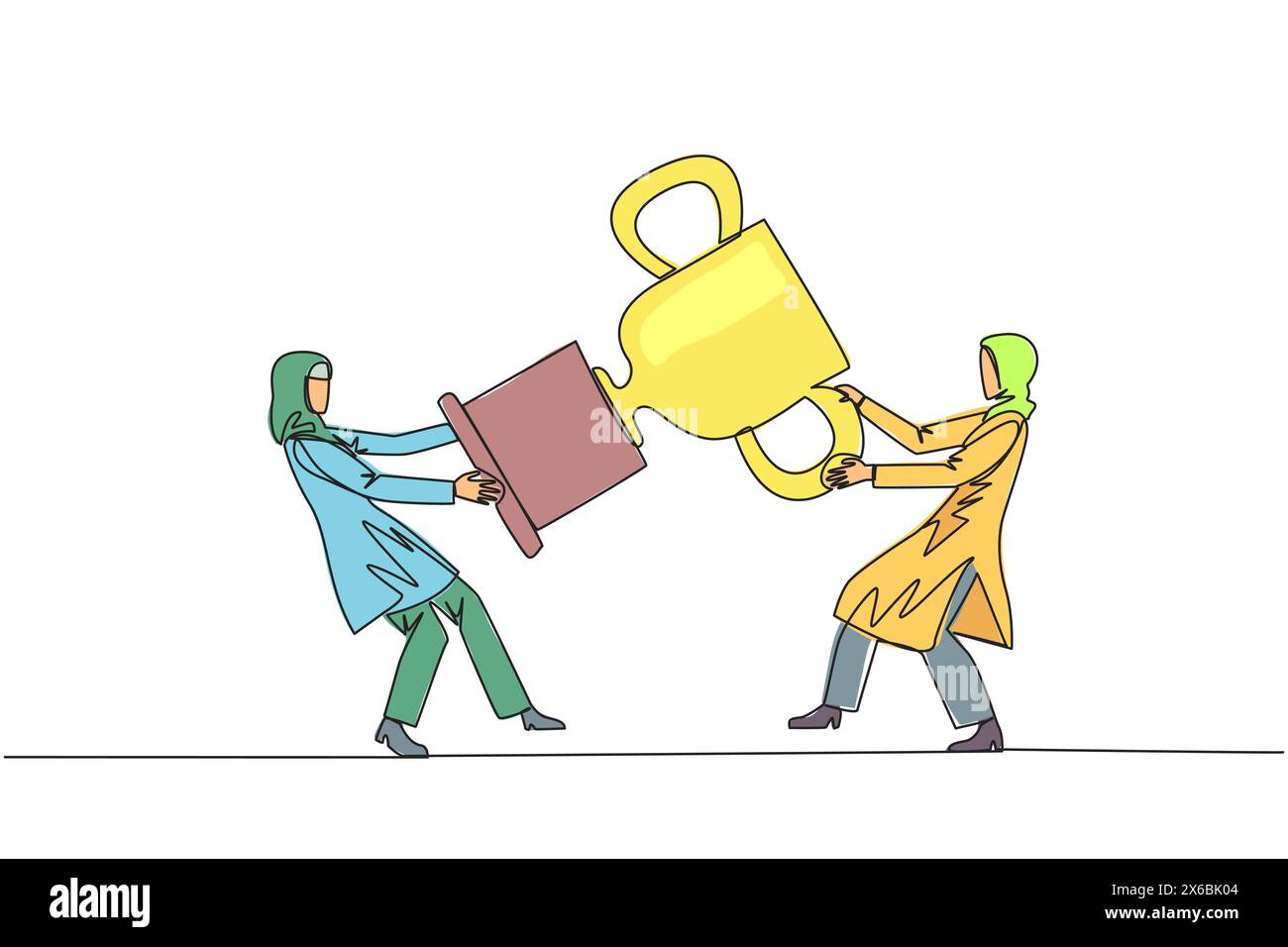 Single continuous line drawing two Arabian businesswoman fighting over ...