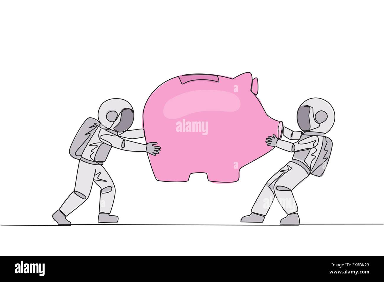 Single one line drawing two selfish astronaut fighting over big piggy ...