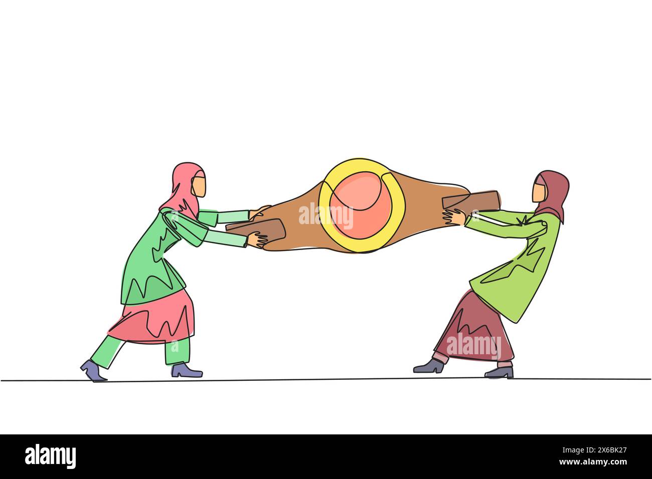 Continuous one line drawing two Arabian businesswoman fighting over ...