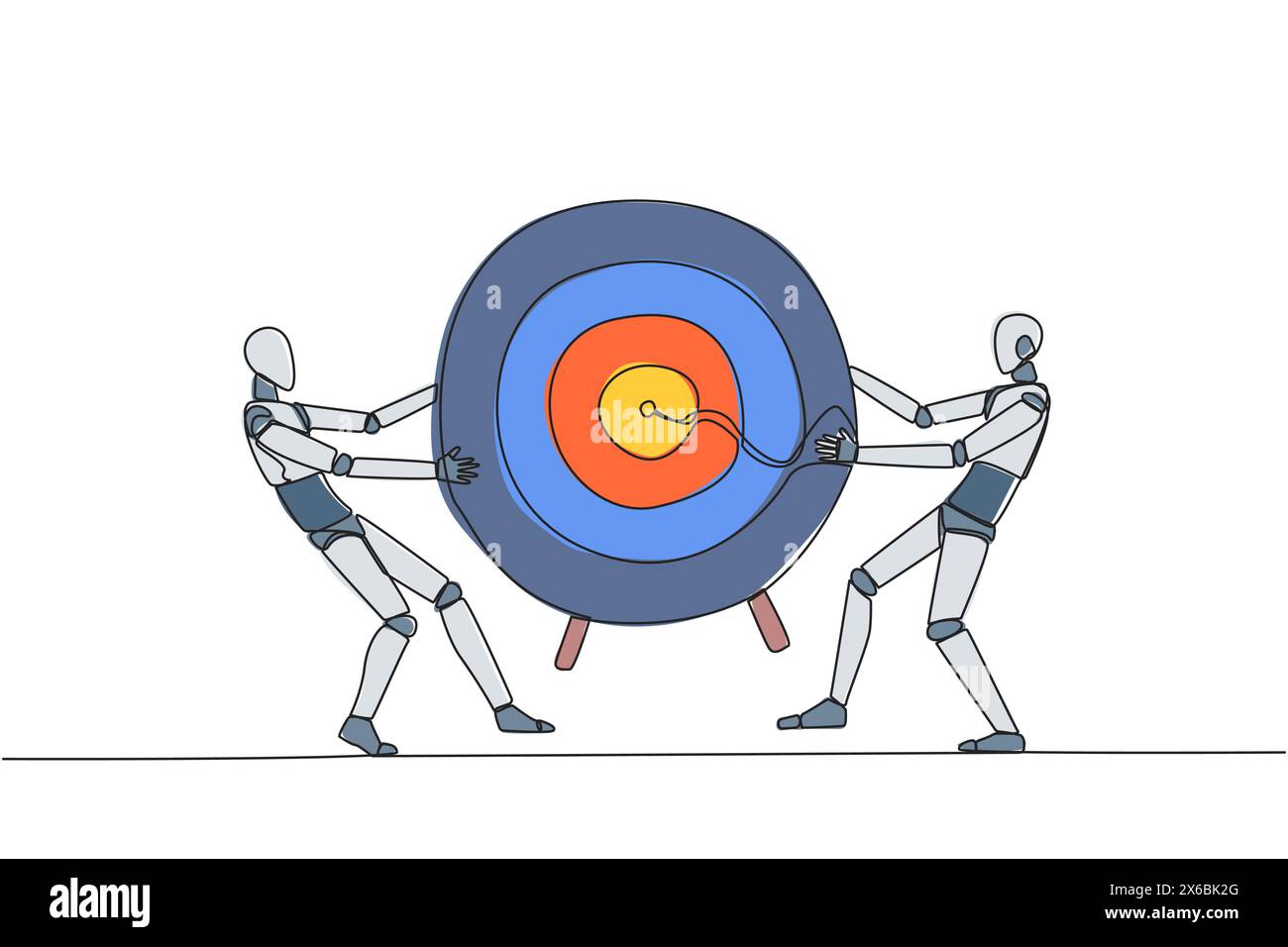 Single one line drawing two angry robot fighting over arrow target ...