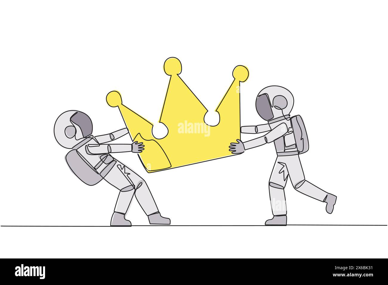 Continuous one line drawing two emotional astronaut fighting over the crown. Fighting for become ...