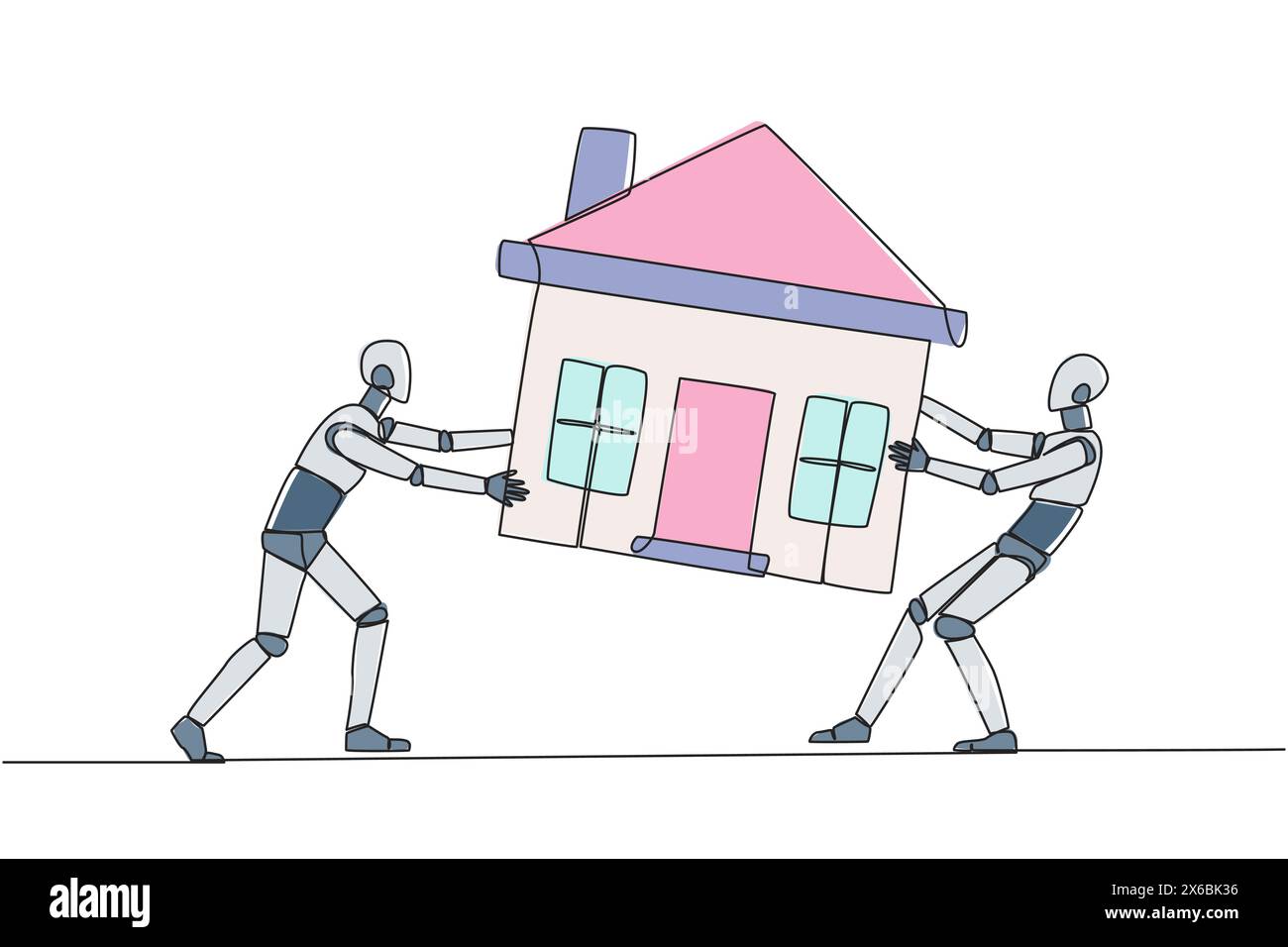 Continuous one line drawing two emotional robot fighting over miniature ...