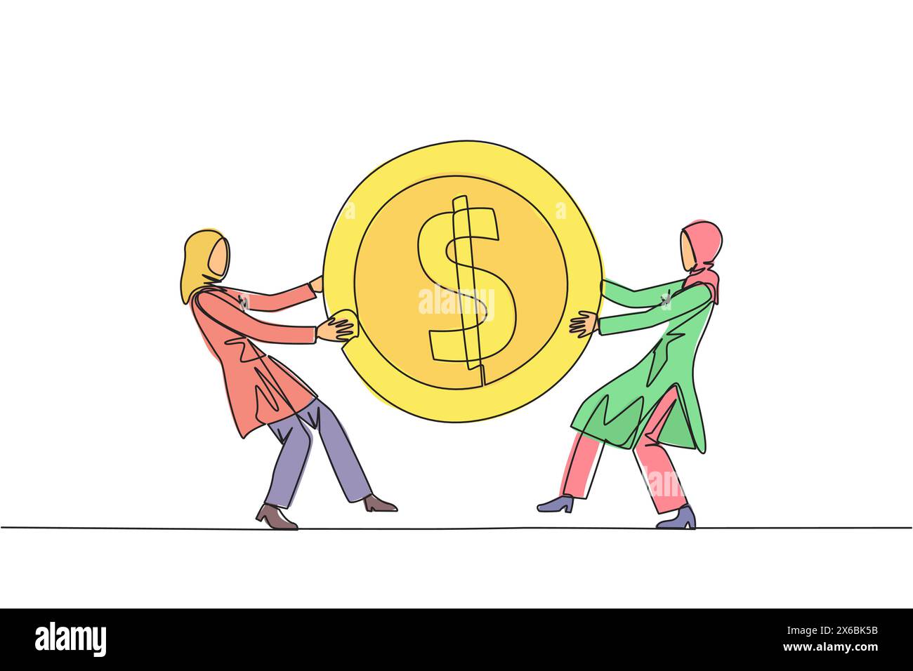 Single continuous line drawing two angry Arabian businesswoman fighting ...