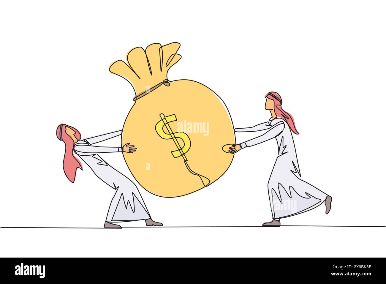Continuous one line drawing two Arabian businessman fighting over money ...