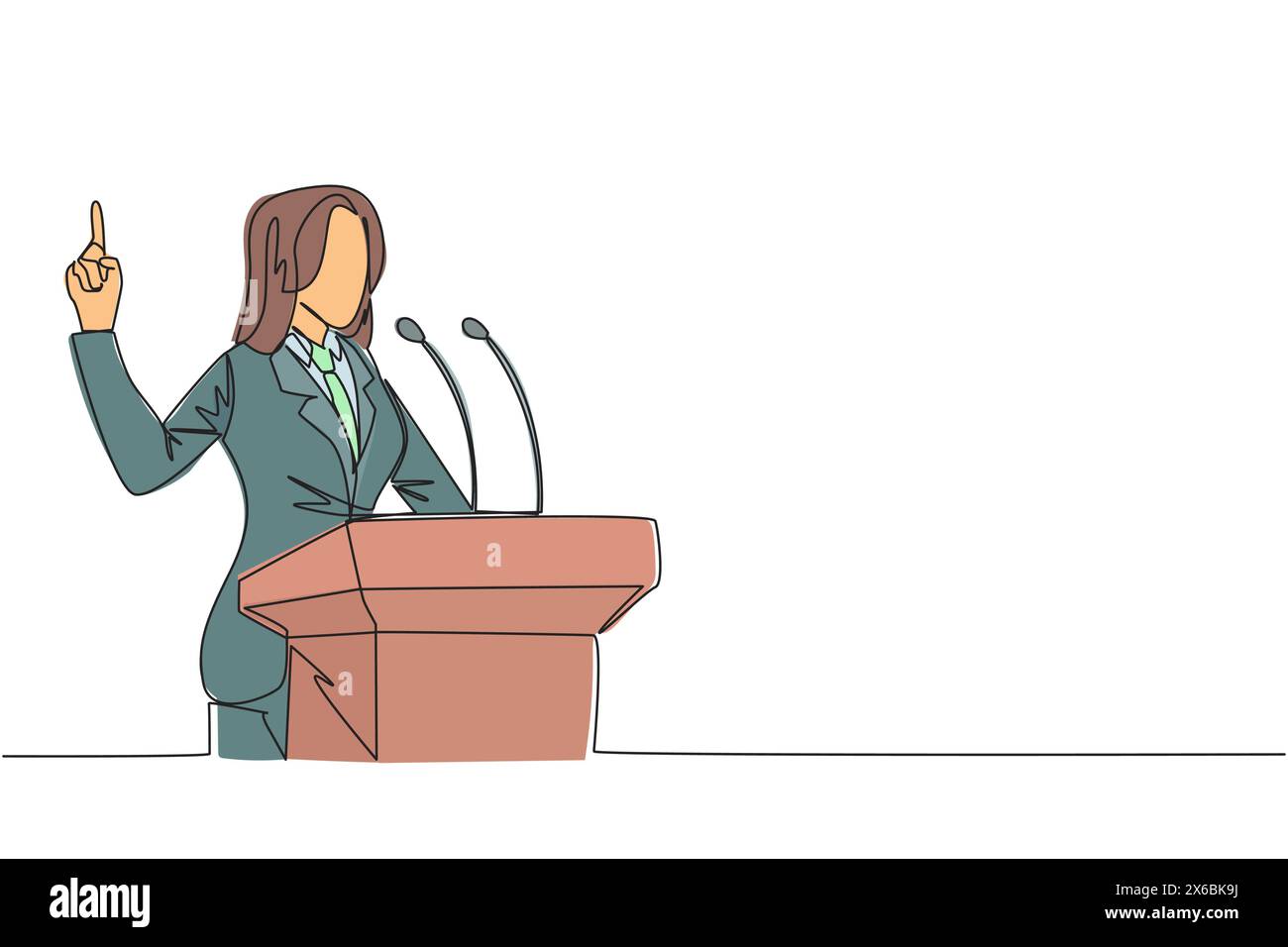 Single one line drawing young energetic businesswoman speaking at the ...