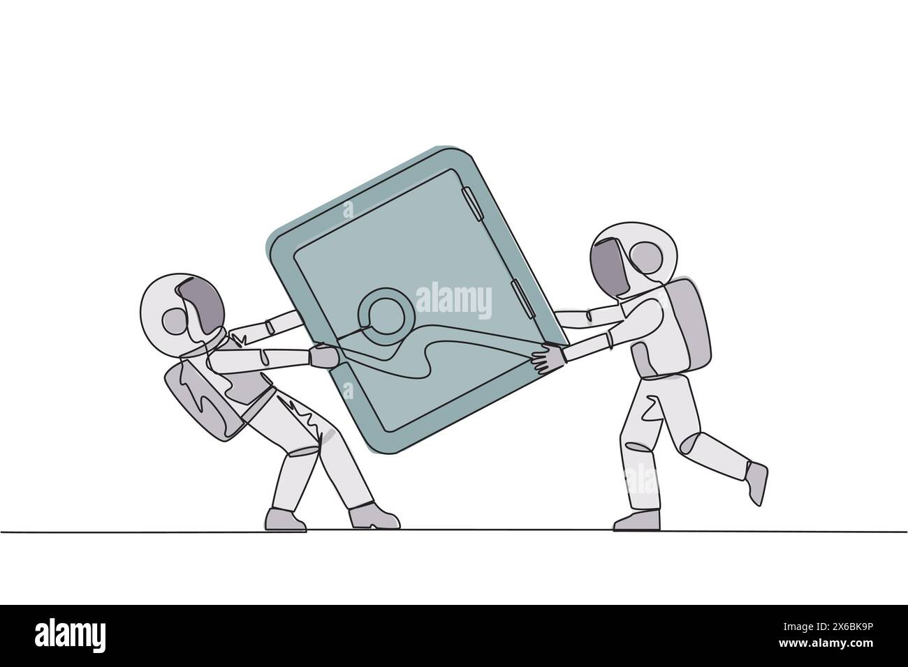 Continuous one line drawing two astronaut fighting over safe deposit ...