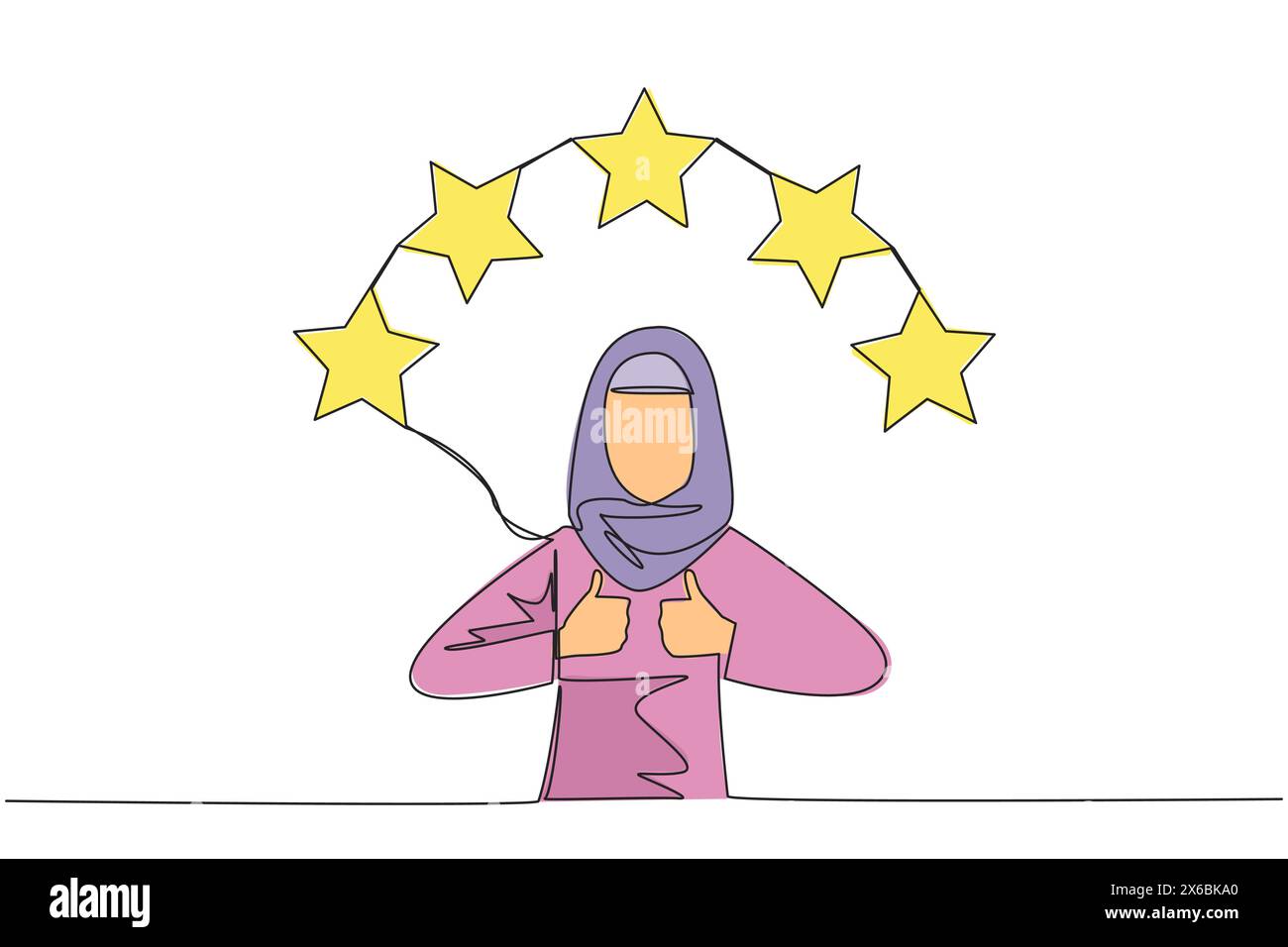 Single One Line Drawing Arabian Woman Giving Two Thumbs Up Above Head There Are 5 Stars Forming