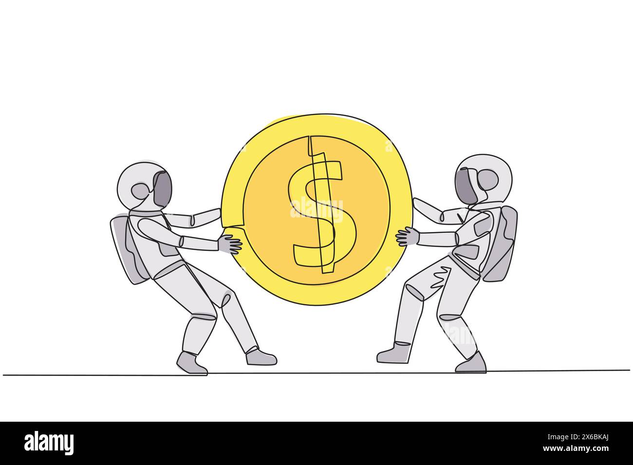 Single one line drawing two angry astronaut fighting over the dollar ...