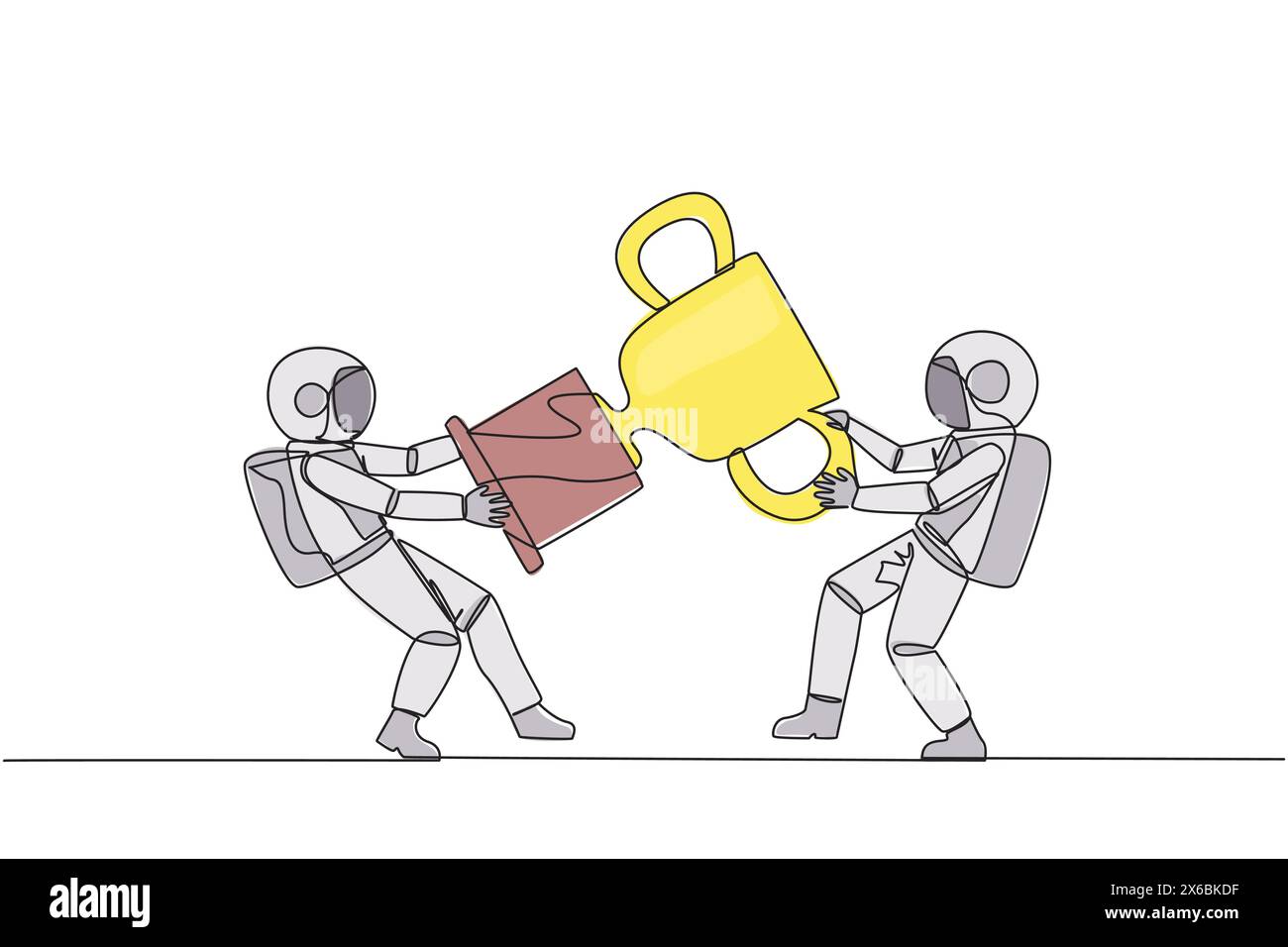 Continuous one line drawing two angry astronaut fighting over trophy ...