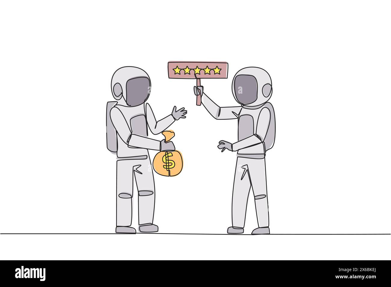 Single one line drawing two astronauts standing opposite each other ...