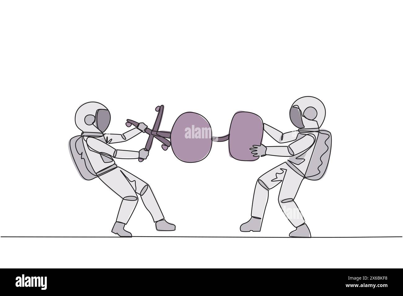 Single continuous line drawing two emotional astronaut fighting over ...