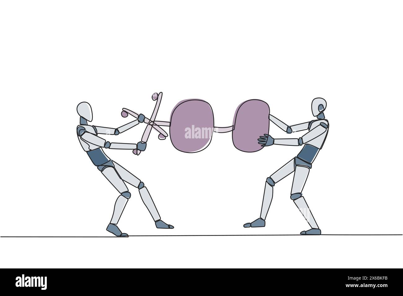 Single one line drawing two emotional robot fighting over office chair ...