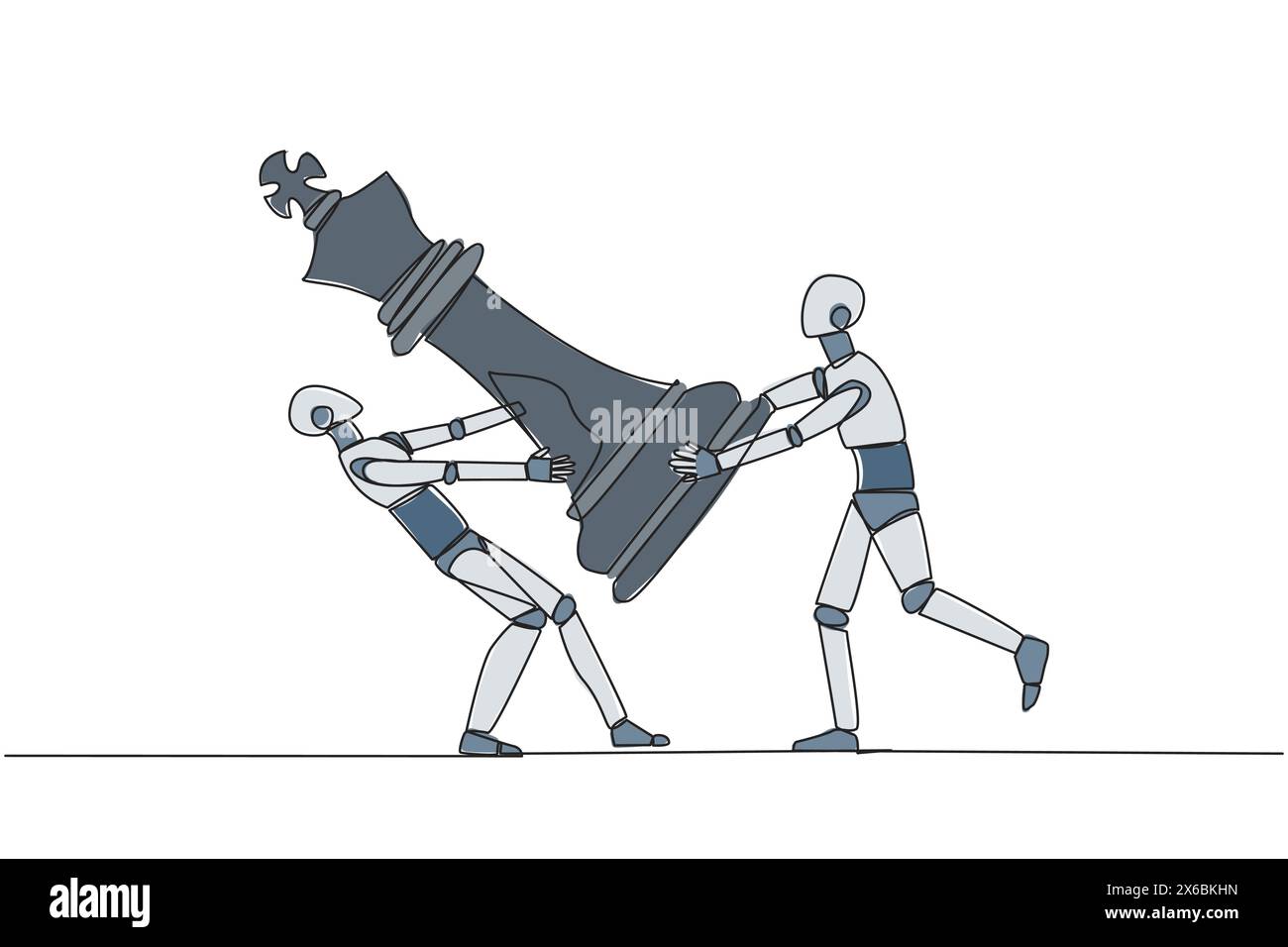 Continuous one line drawing two angry robot fight over the big king ... Continuous one line drawing two angry robot fight over the big king ...