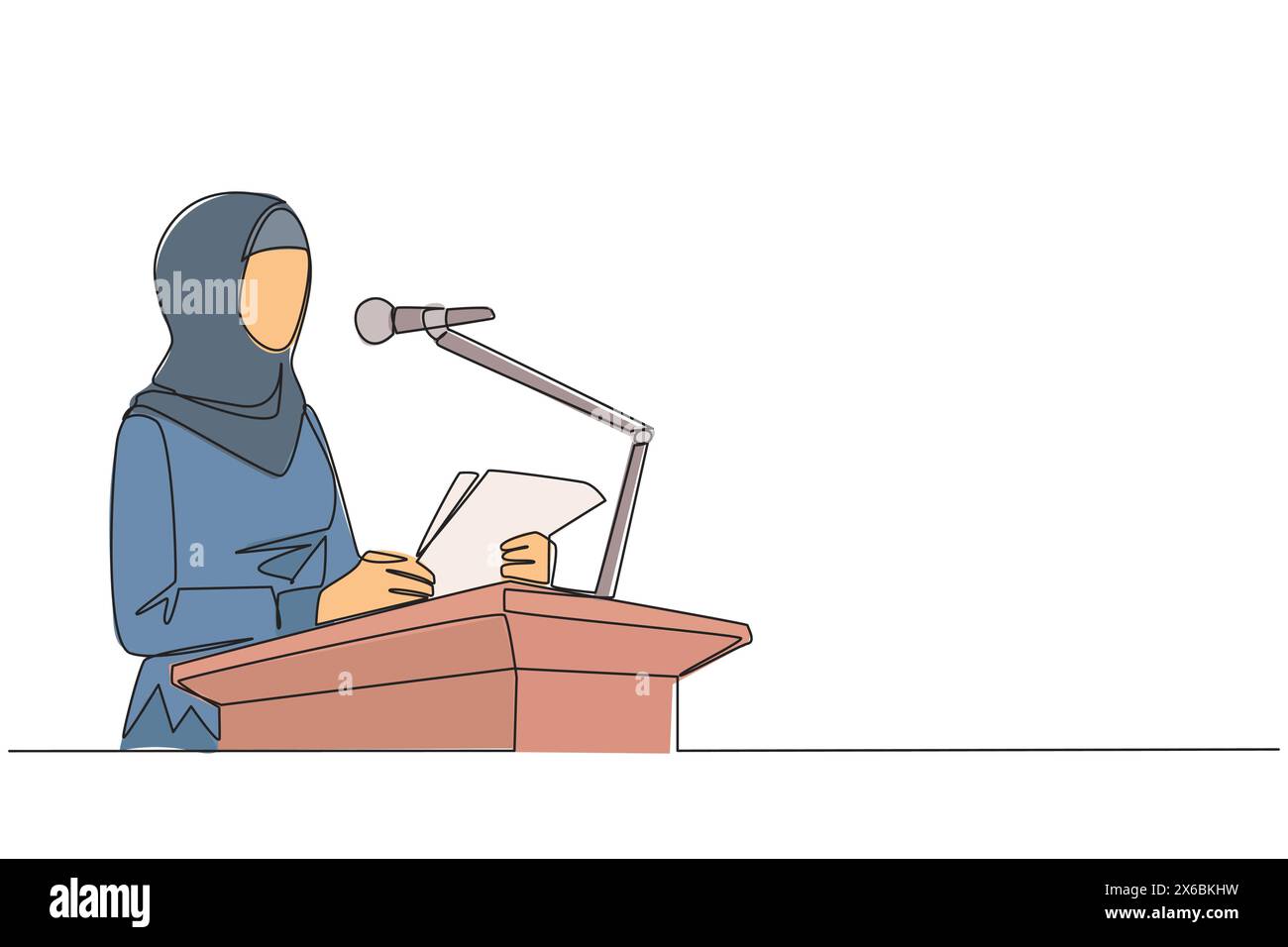 Single one line drawing Arabian businesswoman speaking on podium ...