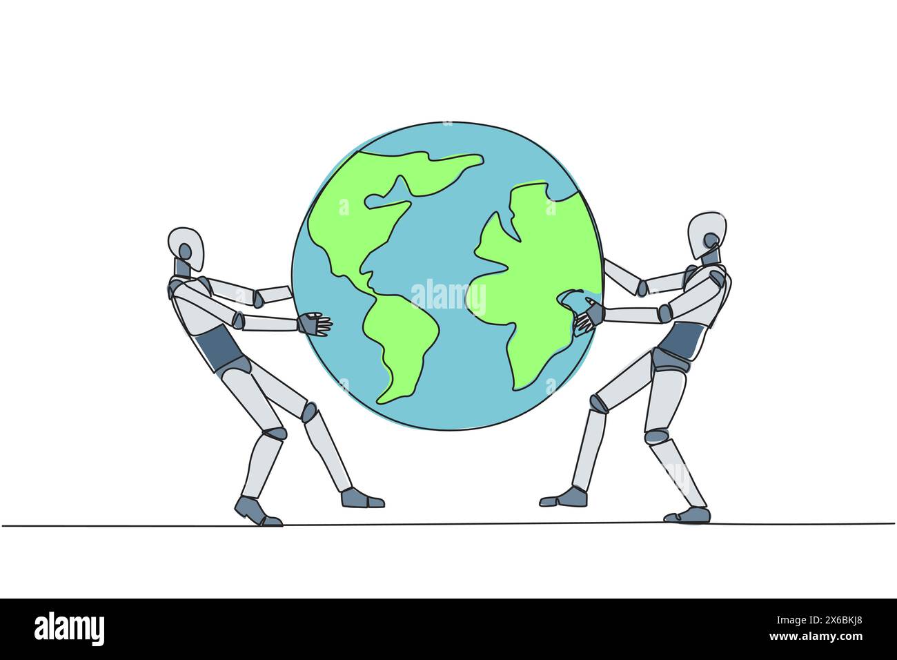 Single one line drawing two strong robot fighting over the globe ...