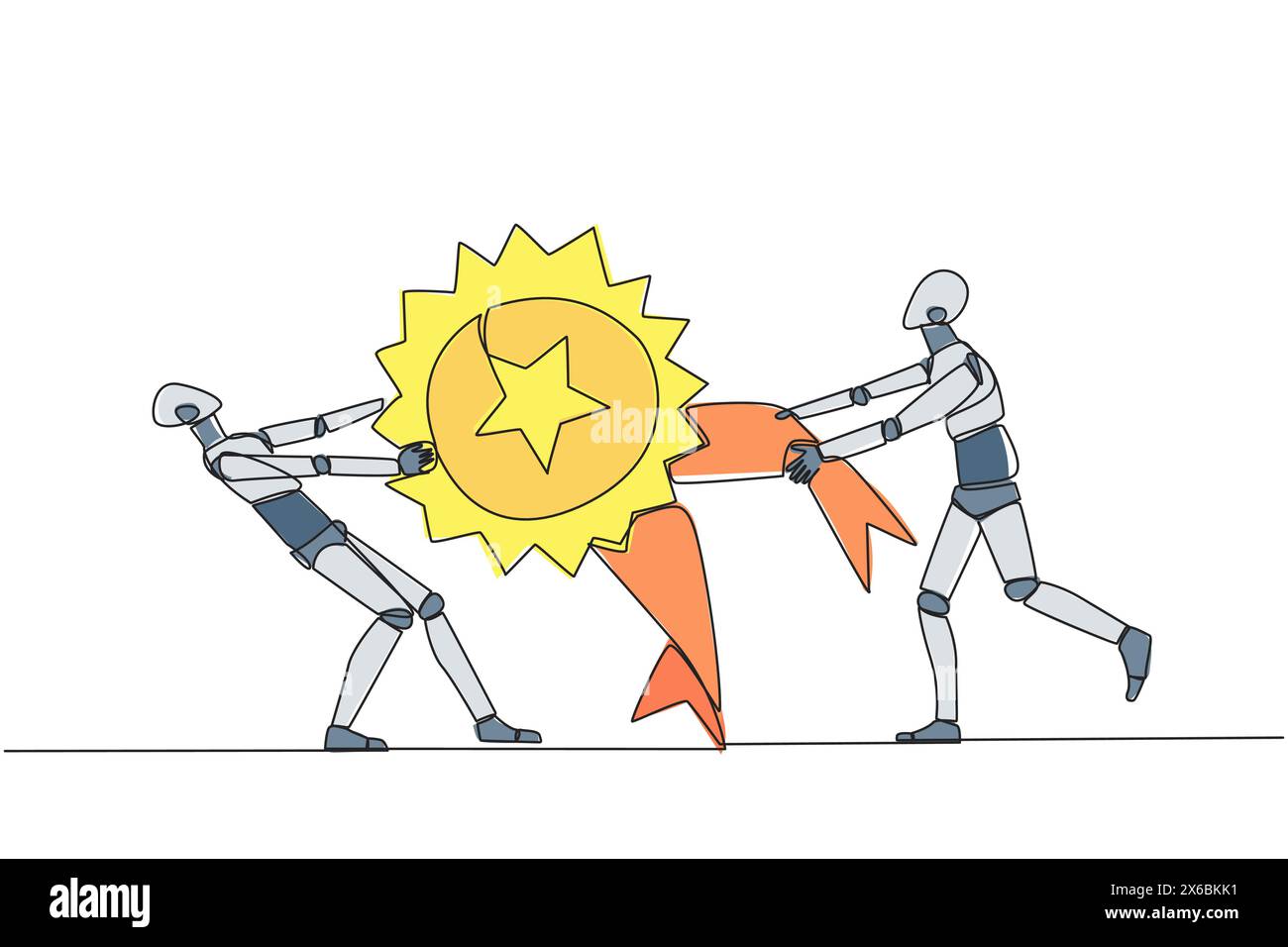 Single one line drawing two angry robot fighting over medal award. Both ...