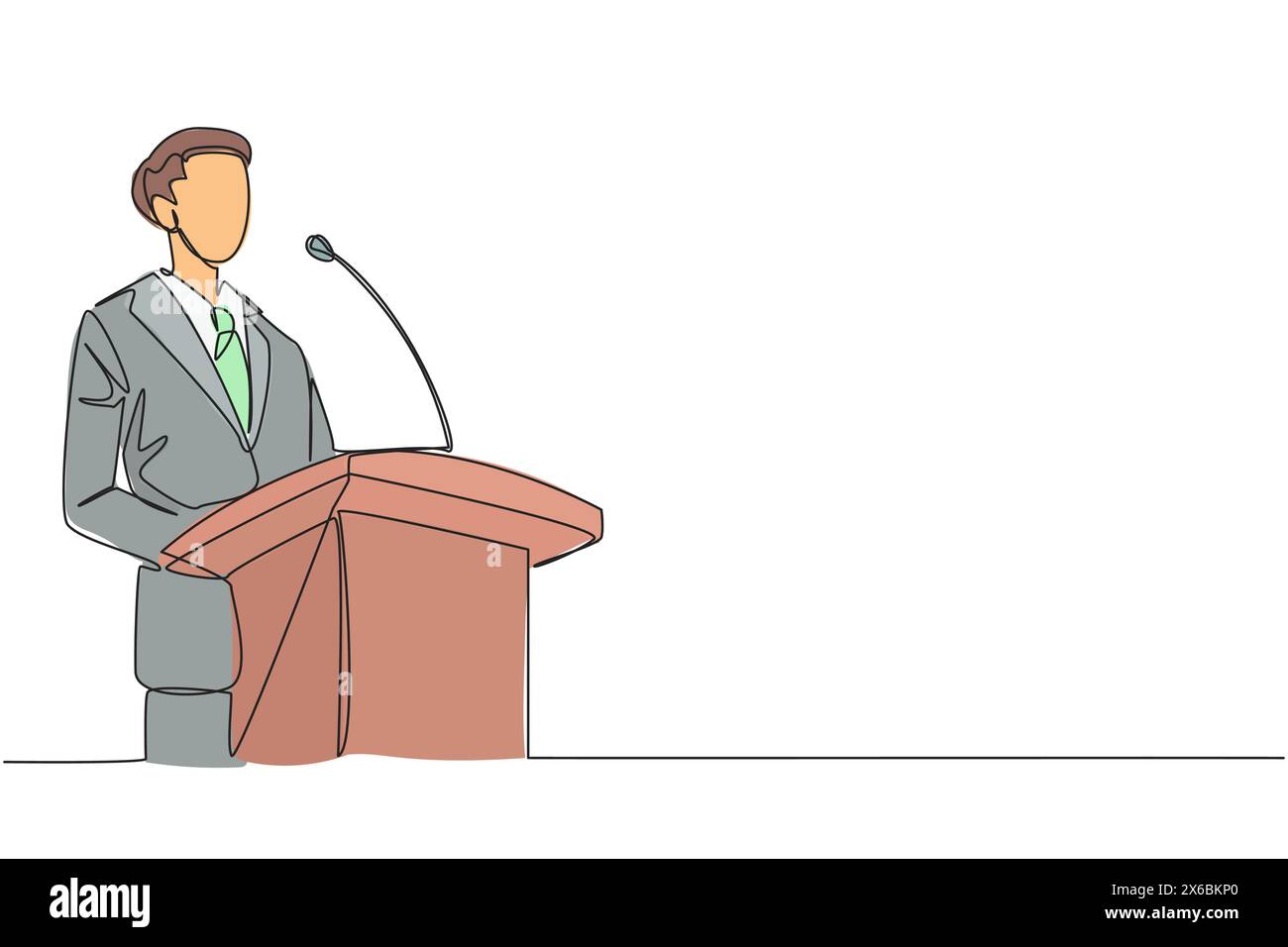 Single continuous line drawing young happy businessman speaking at the ...