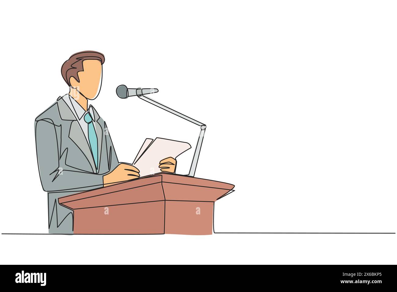 Single one line drawing businessman speaking on the podium holding a ...