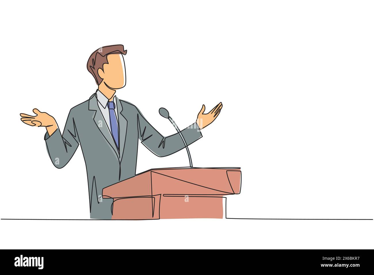 Single one line drawing young businessman speaking at the podium while ...