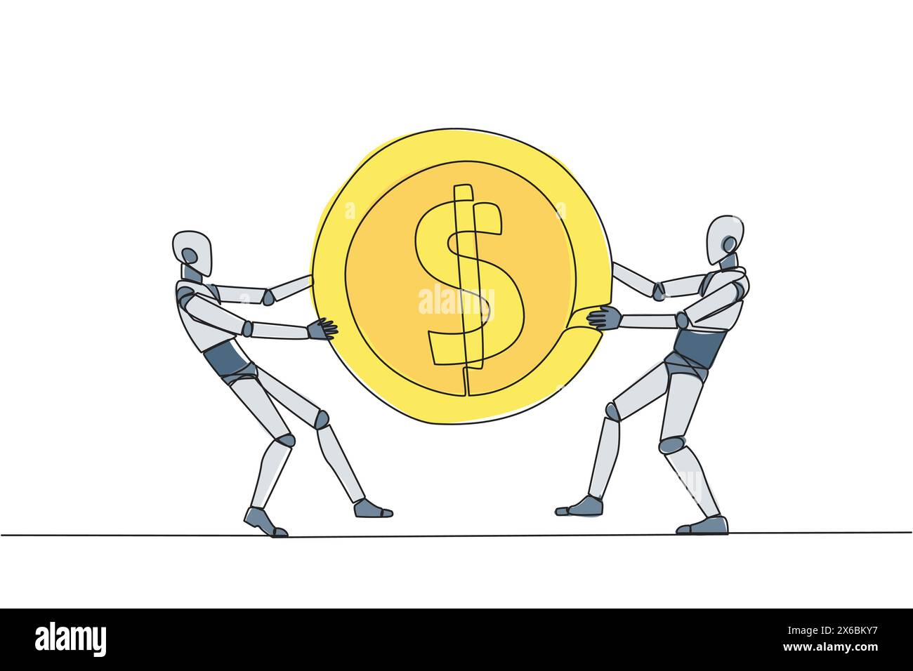 Single one line drawing two angry robot fighting over the dollar sign ...