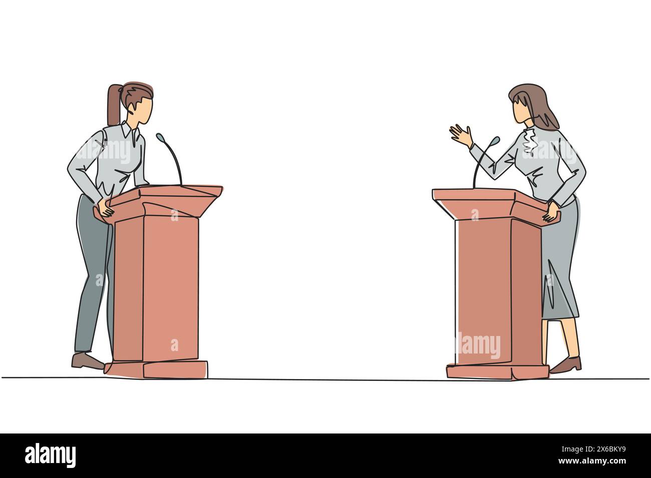 Single continuous line drawing two businesswomen arguing on the podium ...