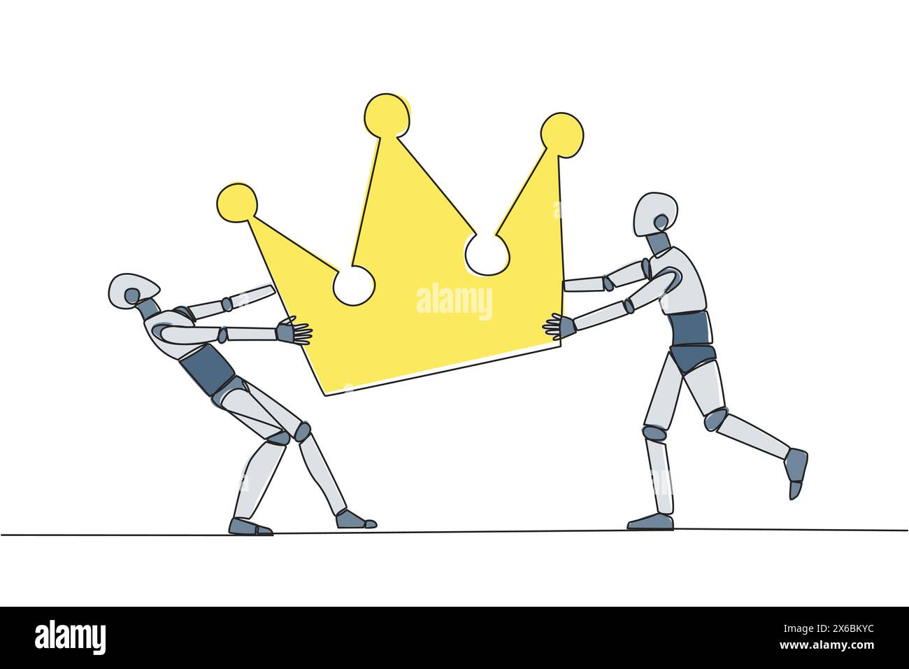 Single continuous line drawing two emotional robot fighting over the ...