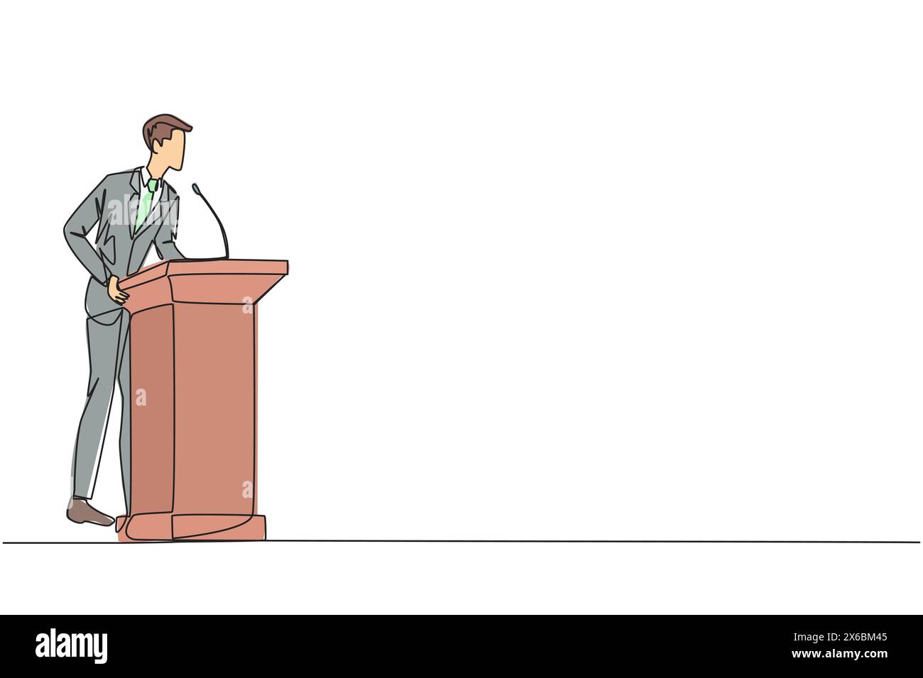 Single one line drawing businessman speech standing behind the podium ...