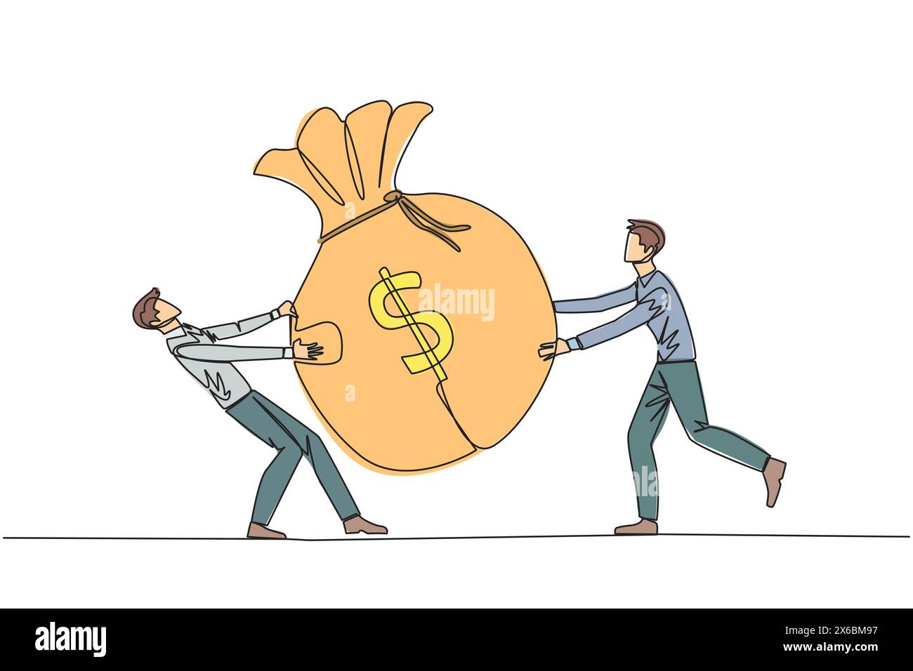Single continuous line drawing two businessman fighting over the big ...