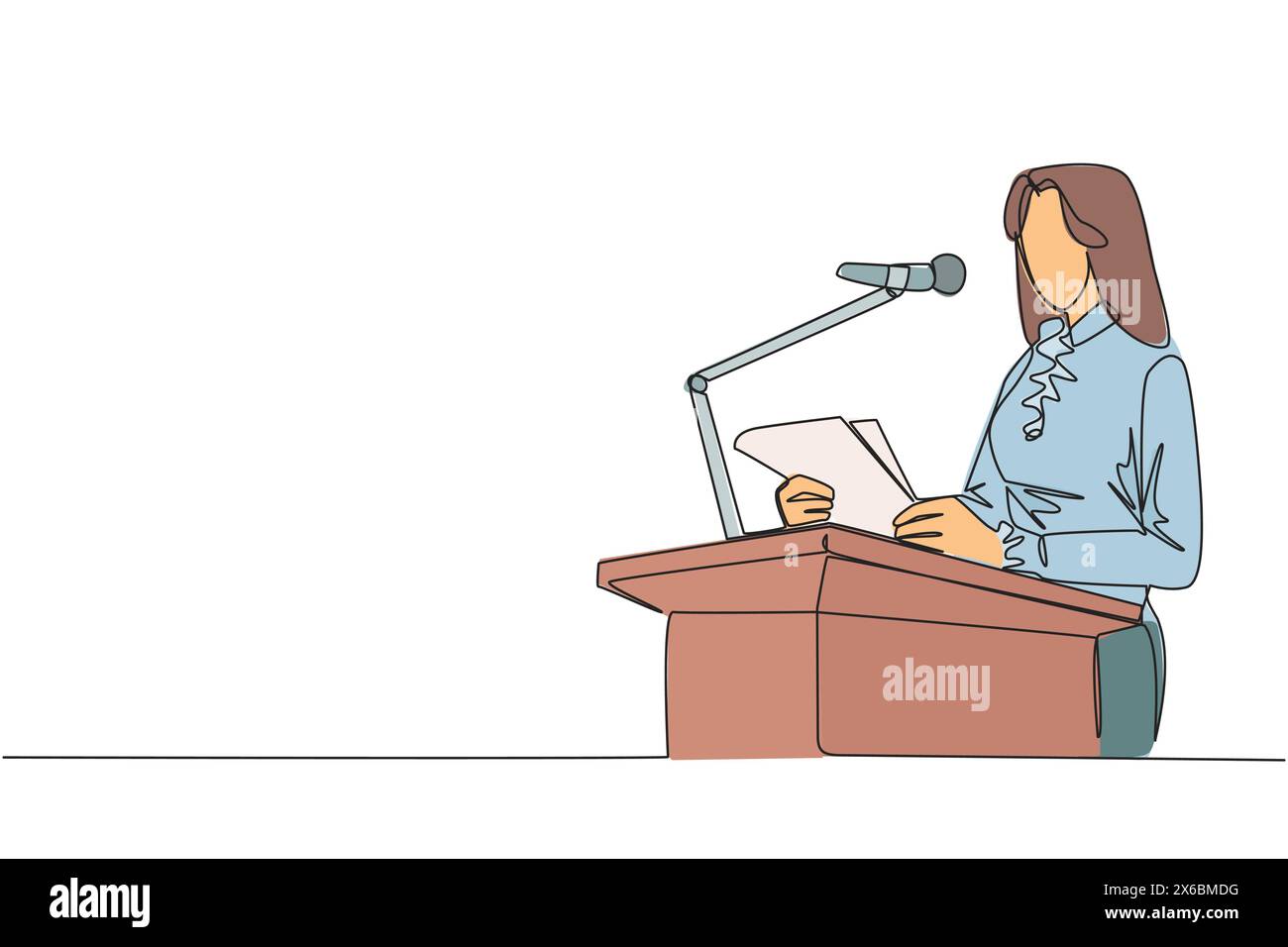 Single continuous line drawing businesswoman speaking on the podium ...