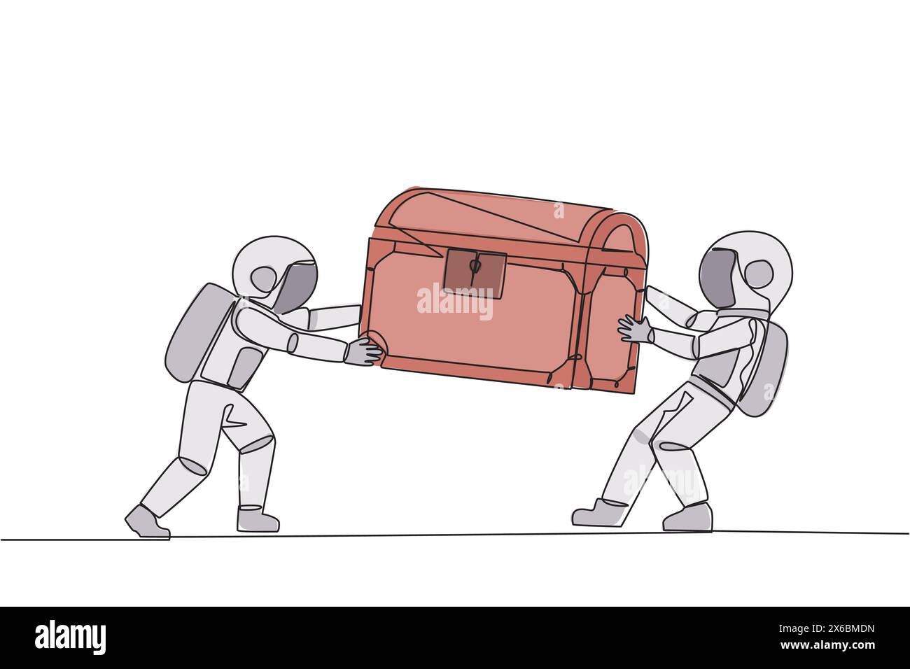 Continuous one line drawing two angry astronaut fighting over the treasure chest. Feel most ...