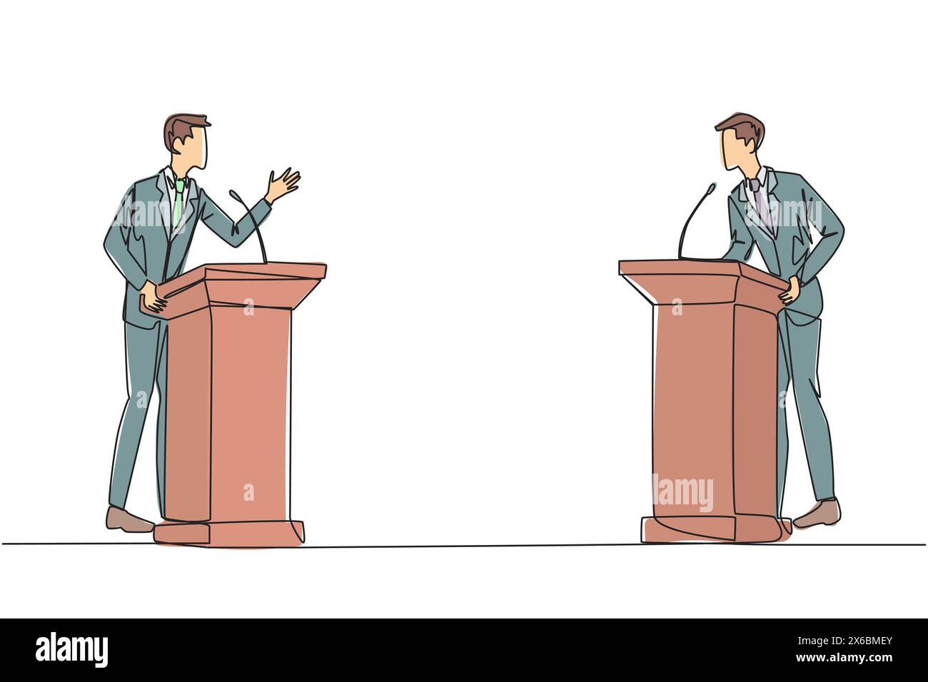 Single continuous line drawing two young businessmen arguing on the ...