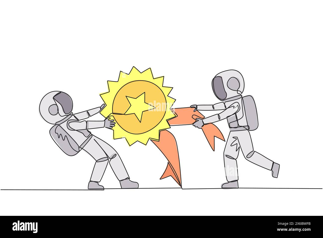 Single continuous line drawing two angry astronaut fighting over medal award. Both feel worthy ...