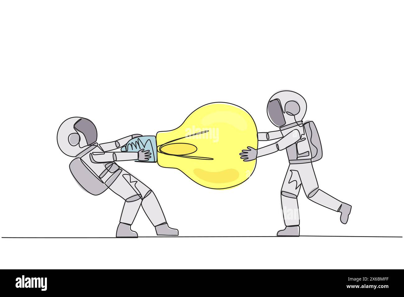 Single continuous line drawing two angry astronaut fighting over lightbulb. Both of them ...
