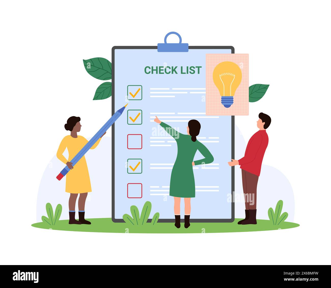 Checklist survey form with ticks, questionnaire and task list filling. Tiny people holding ...
